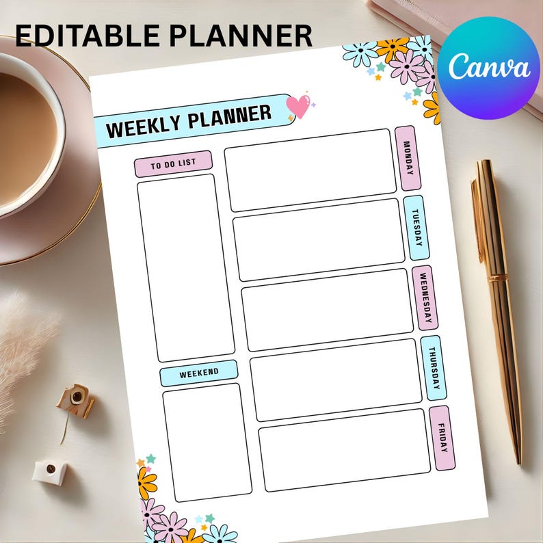 Pastel Floral Weekly Planner Canva Template | Printable Weekly To-do ...