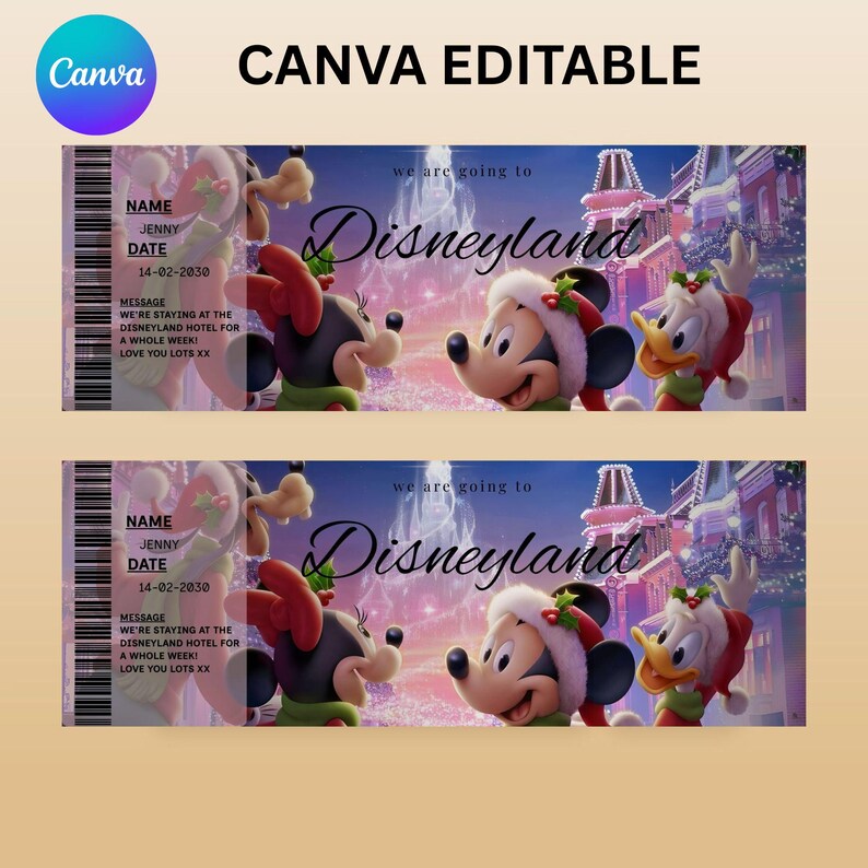 Theme Park Trip Reveal Ticket | Cartoon Boarding Pass, Editable Canva ...
