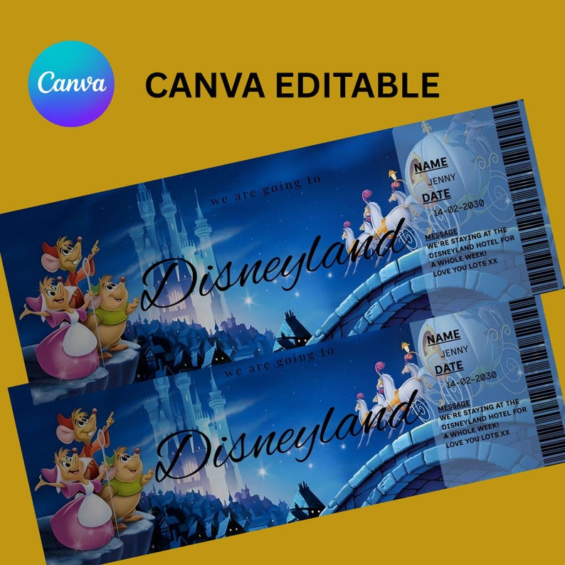 Theme Park Trip Reveal Ticket | Editable Canva Template (digital ...