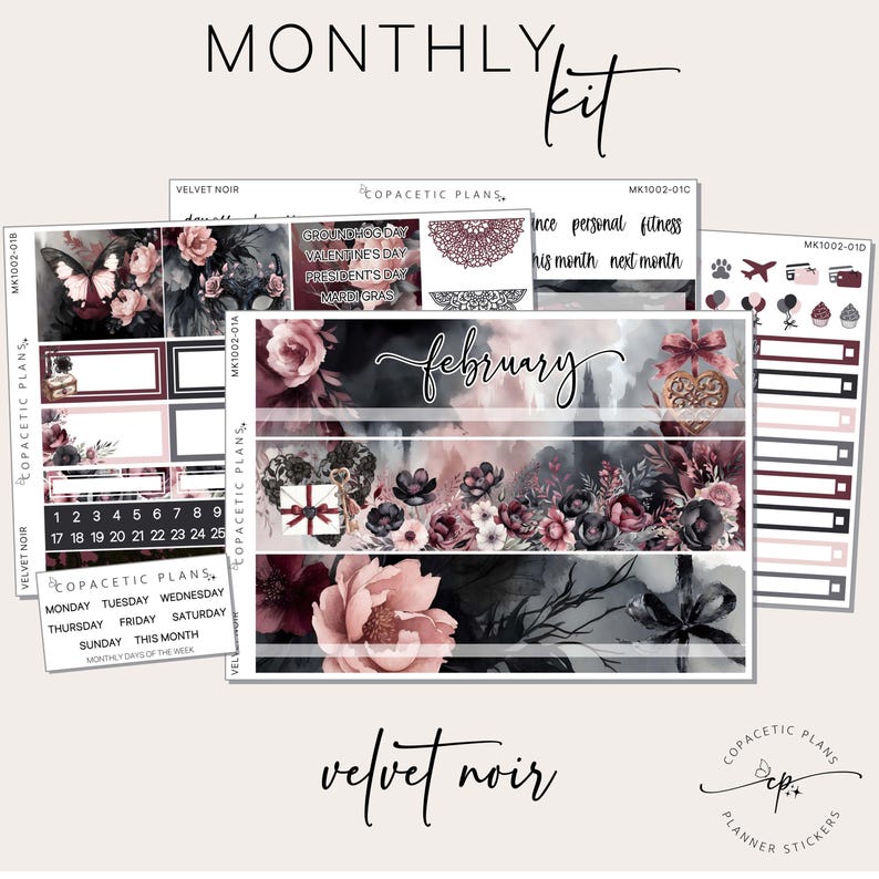 February Velvet Noir - 7x9 / A5 Wide Monthly Sticker Kit - Foil / Non ...