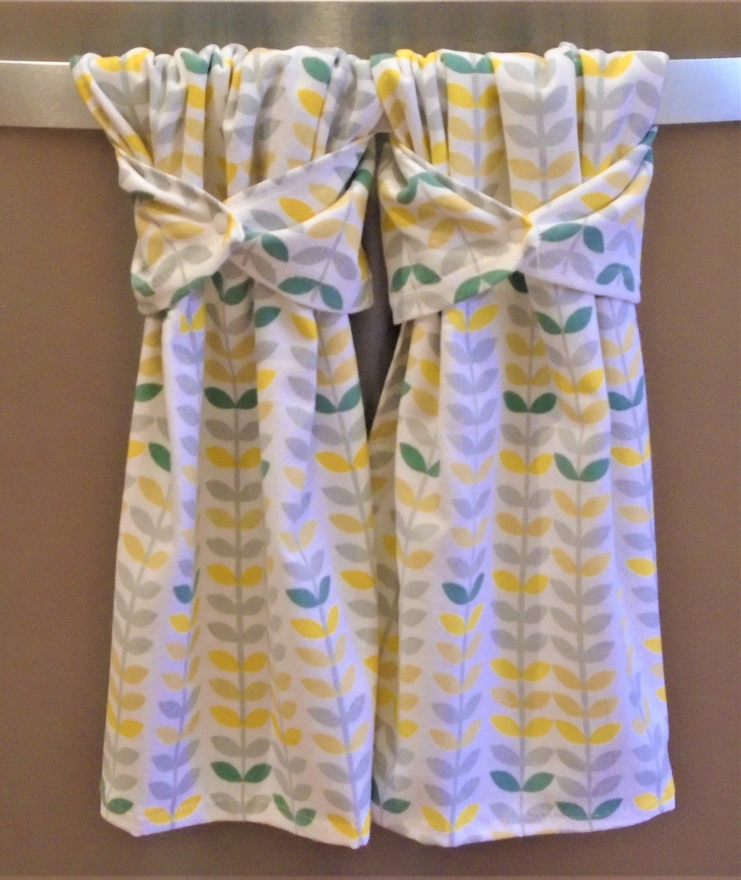 Hanging Kitchen Towels, Rows of Gray, Yellow, and Green Motif Hanging ...
