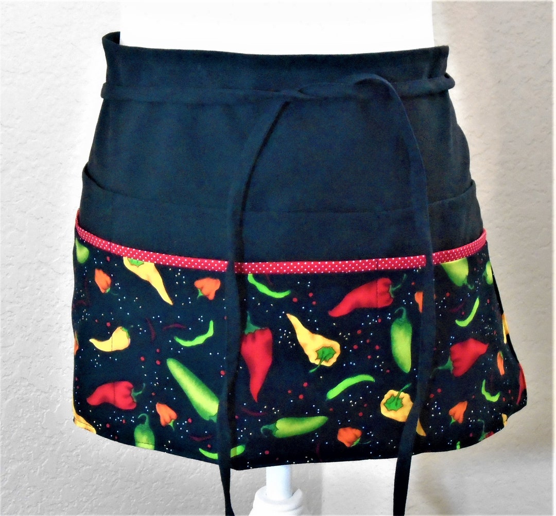 Chili Pepper Print Half Apron: Black Vendor Apron With 6 Pockets - Etsy