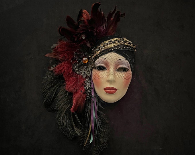 Clay Art Ceramic Face Wall Mask With Black & Maroon Feathers Wall ...