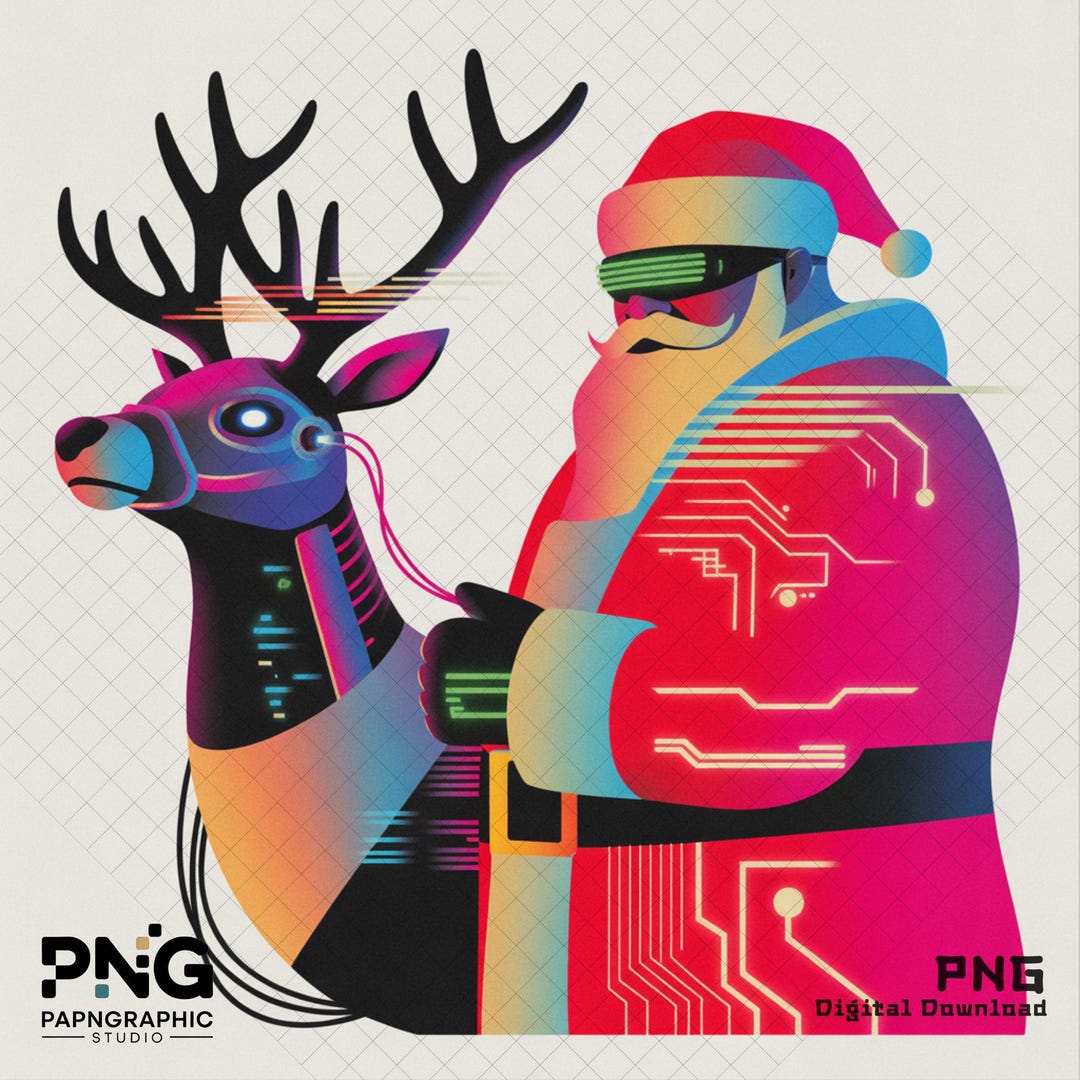 Cyber Reindeer Santa PNG | Neon Vaporwave Christmas (digital Download ...