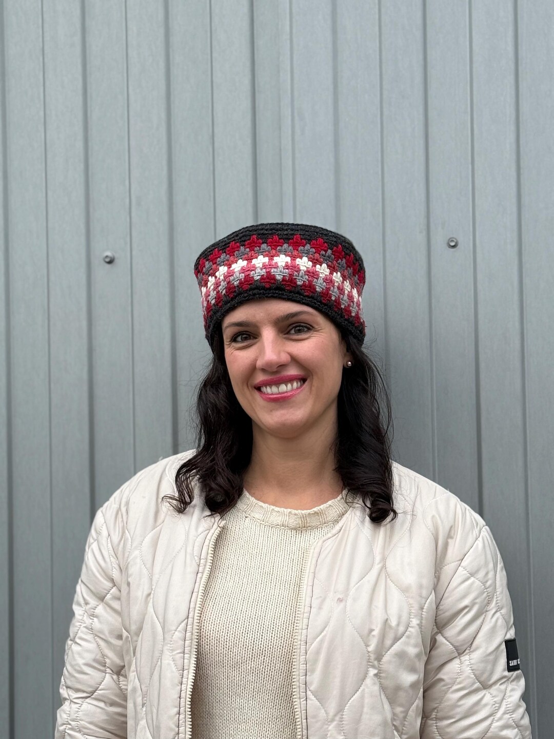 Red Gray Cream Crochet Pillbox Hat - Wool Blend Geometric Beanie ...