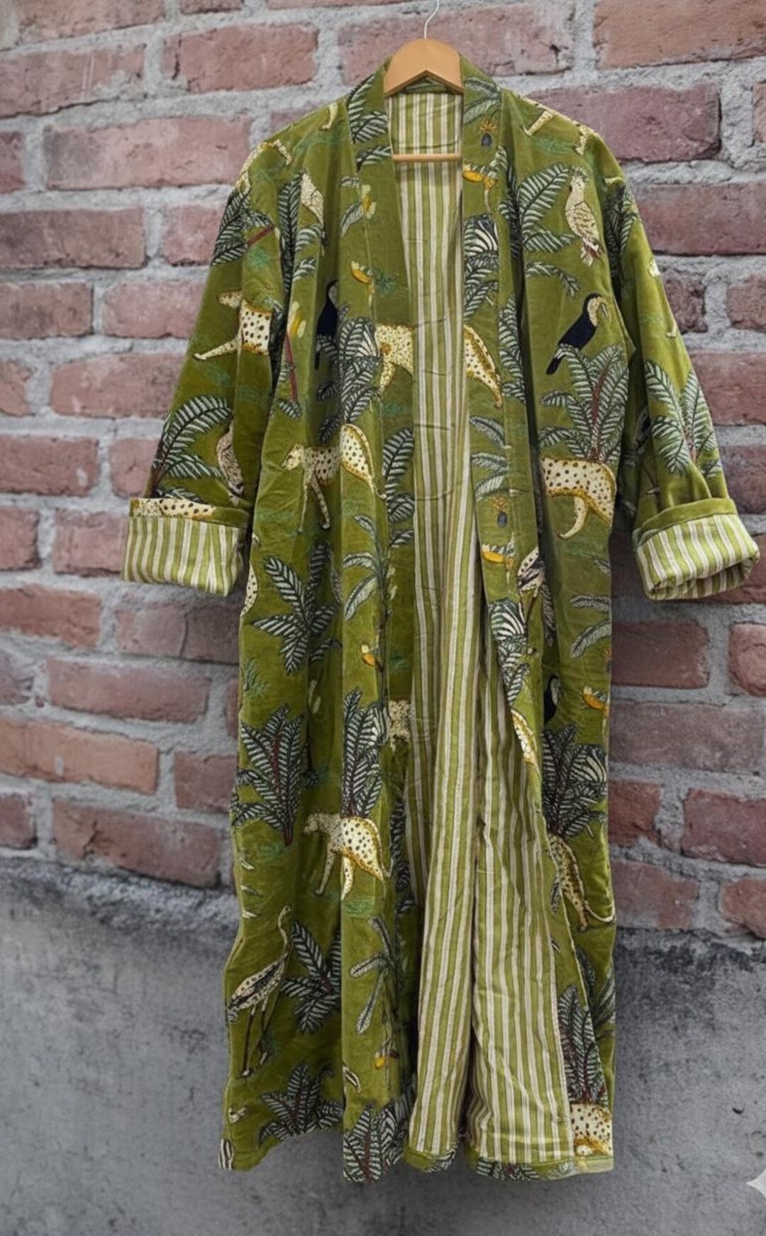 Green Jungle Print Velvet Kimono Robes Handmade Cotton Velvet Robe ...