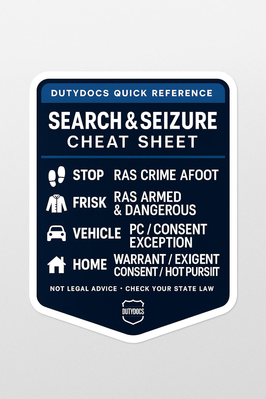 Search Seizure Cheat Sheet Sticker - Police Law Enforcement Vinyl Decal ...