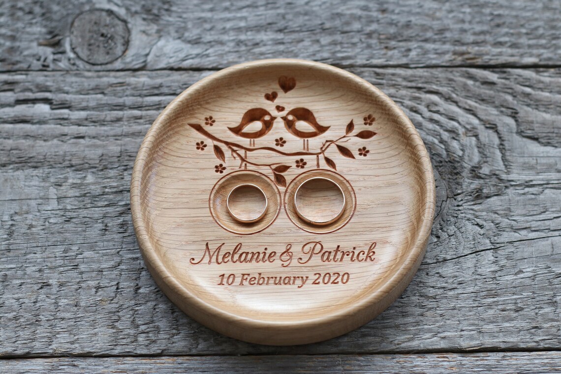 Personalized Oak Wood Wedding Ring Holder, Love Birds, Anniversary Gift ...