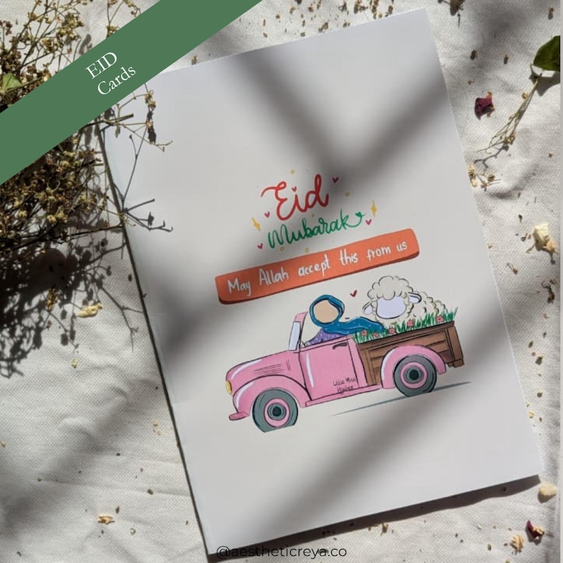 Eid Mubarak Card: Hijabi Girl, Vintage Truck, Sheep Illustration ...