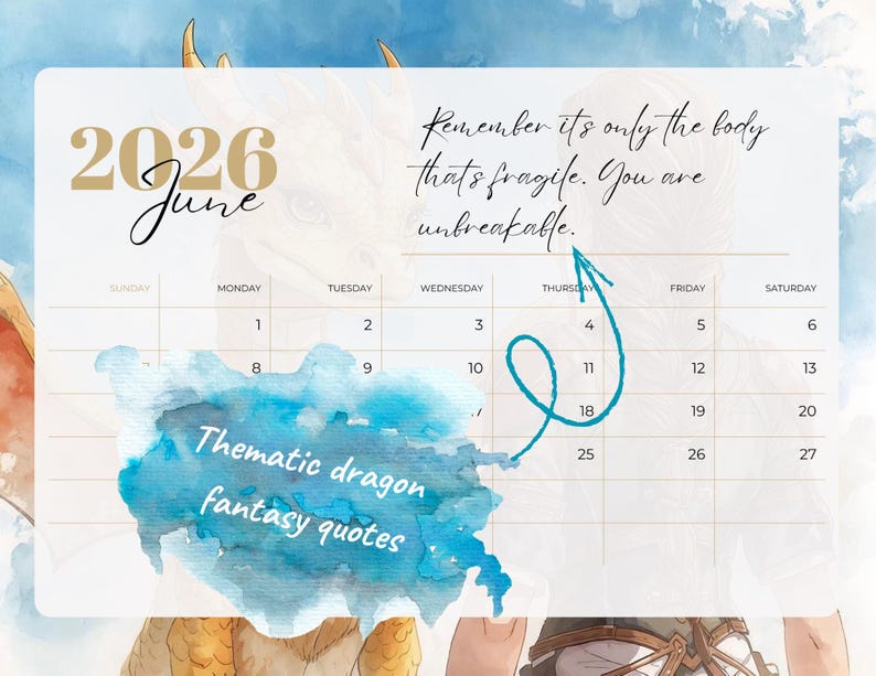 Booktok Fantasy Wall Calendar 2026 - Epic Romantic Dragon Watercolor ...