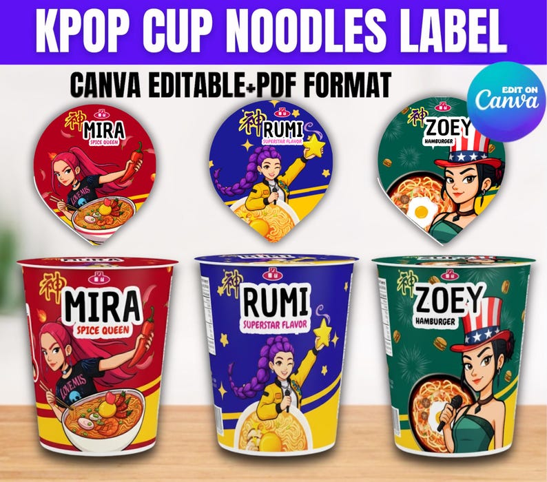 Kpop Demon Hunters Cup Noodle Labels, Huntrix Ramen Ramyeon Party Favor ...