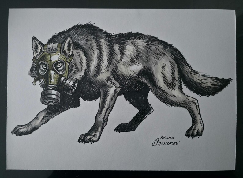Gas Masked Wolf Marker Drawing. Minimalist Art (A4 Original Artwork) - Etsy