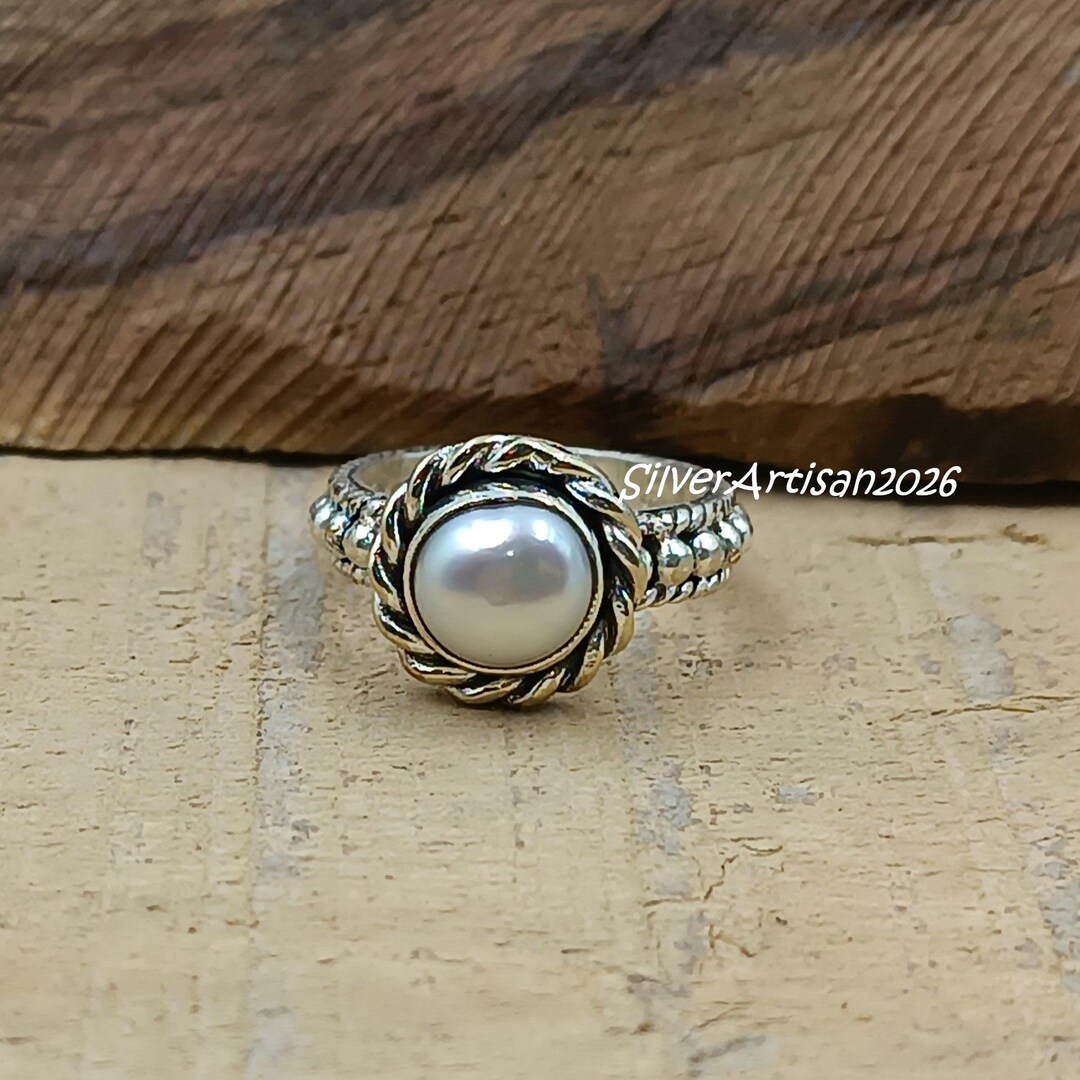Sterling Silver Freshwater Pearl Ring | Ornate Rope Bezel, Beaded Band ...