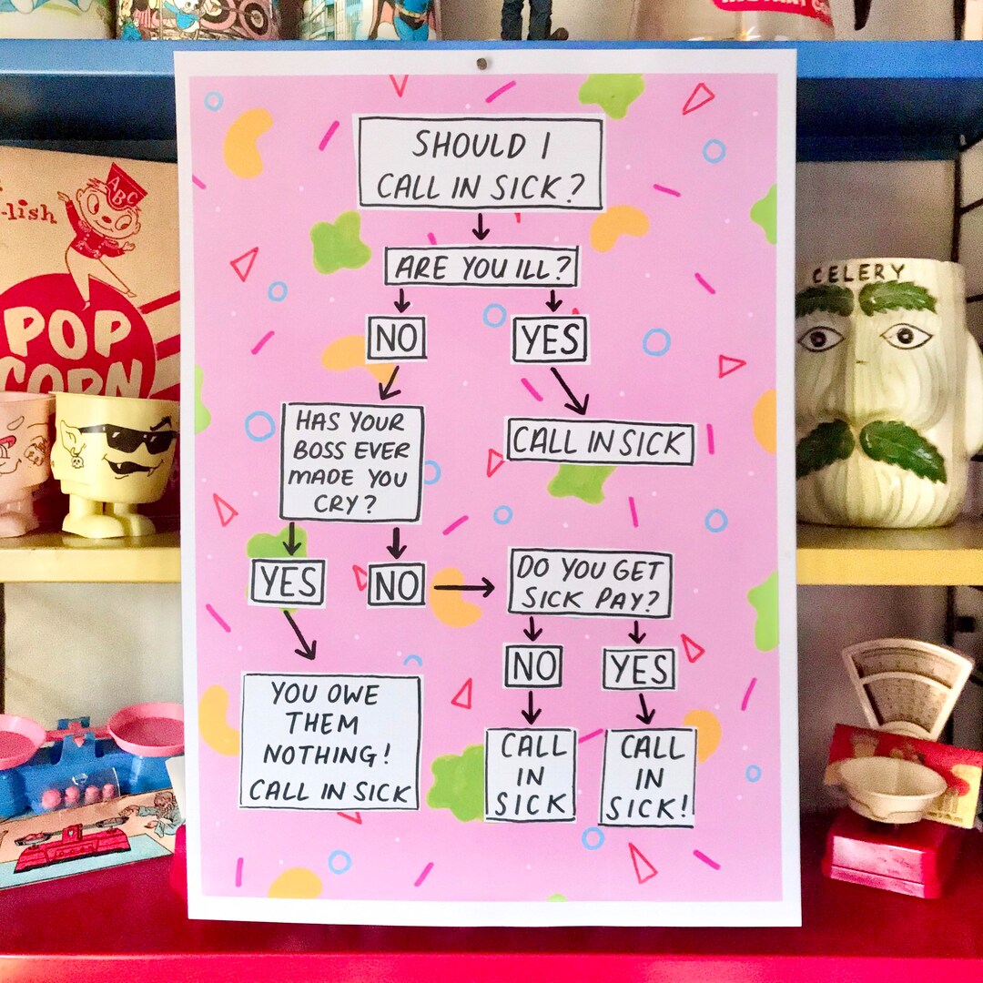 Pilfered Flow Chart // Illustrated Print // A3 Art Print // Life Guide // Call in Sick // Sick ...