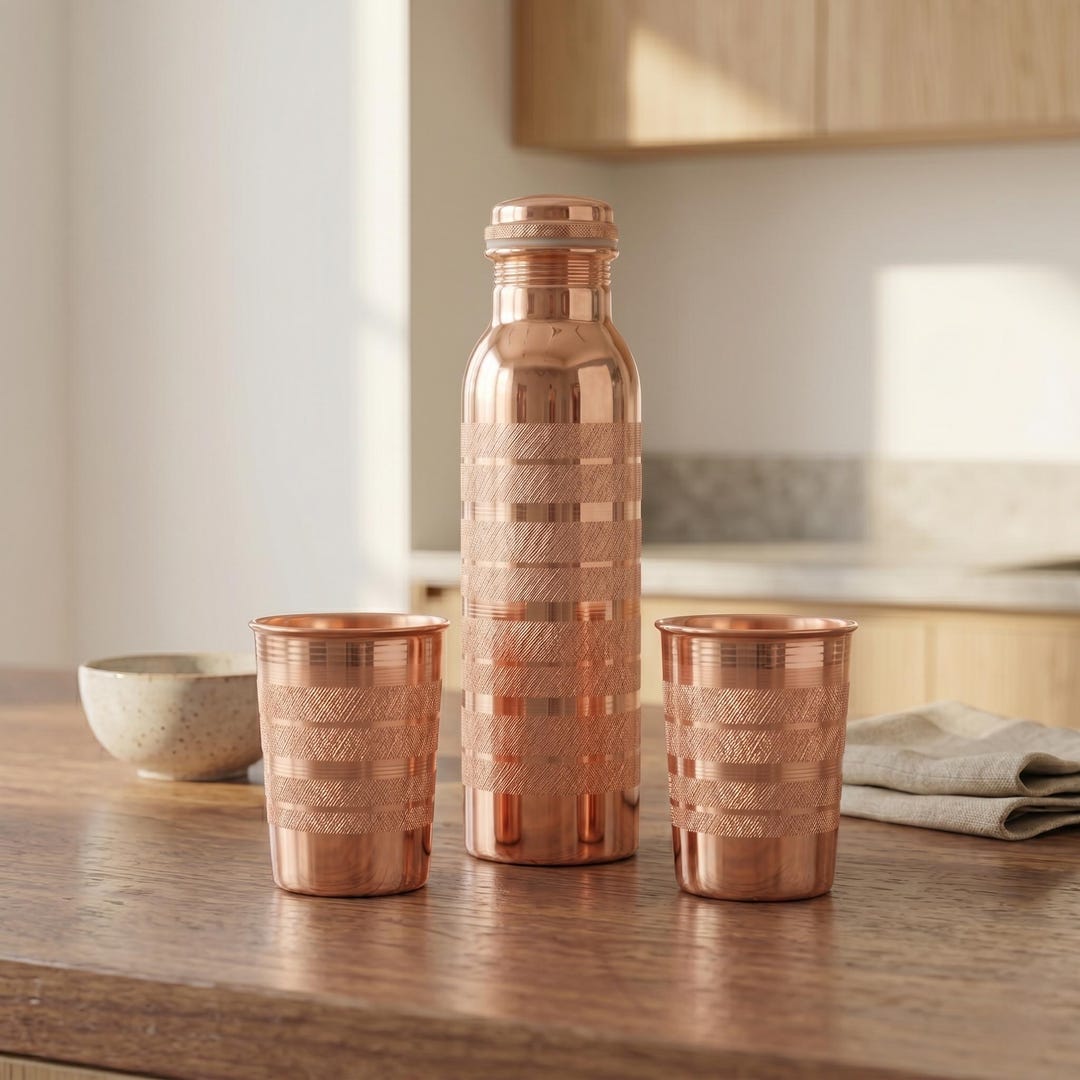 Handmade Pure Copper Water Bottle With Copper Tumblers, 1000ml ...