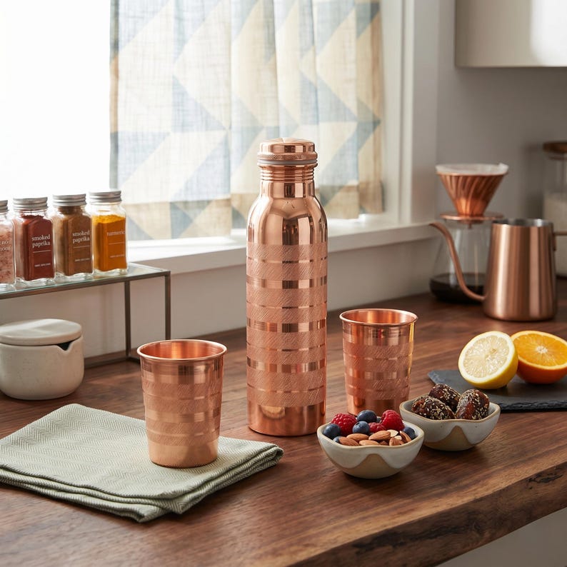 Handmade Pure Copper Water Bottle With Copper Tumblers, 1000ml ...