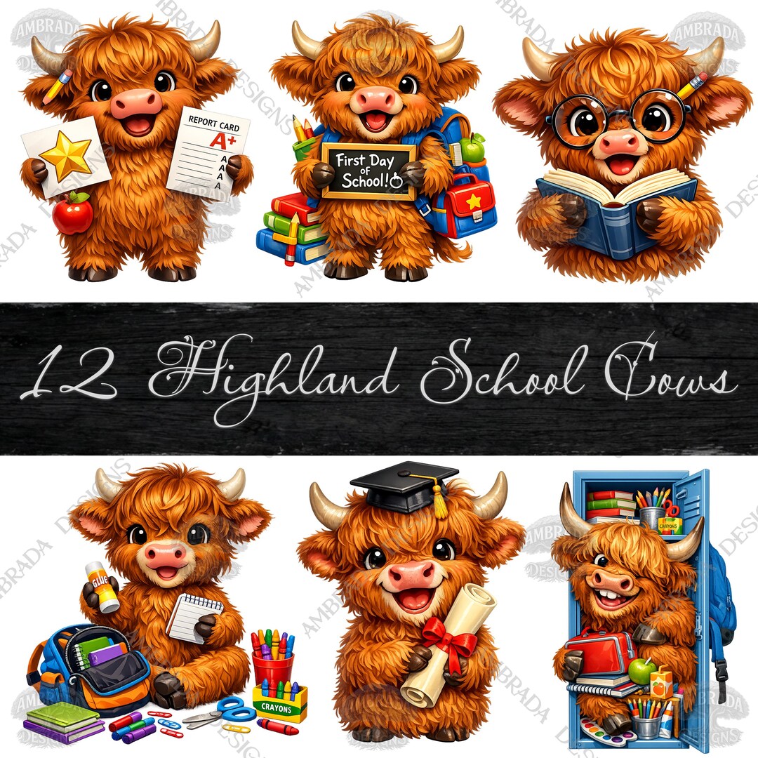 12 Cute Highland Cow School PNG Bundle Digital Download, Classroom ...