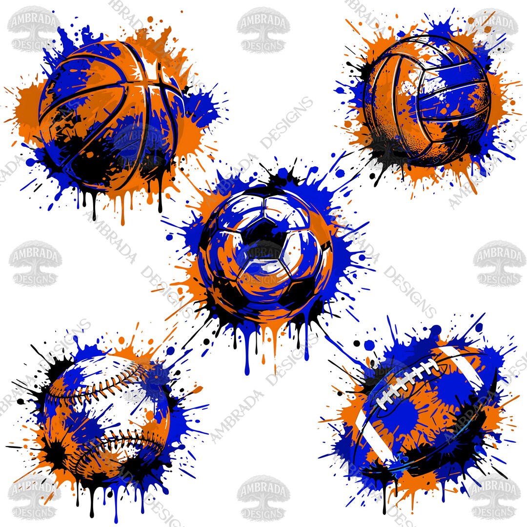 Blue & Orange Sports Balls Paint Splatter SVG PNG Bundle | Football ...
