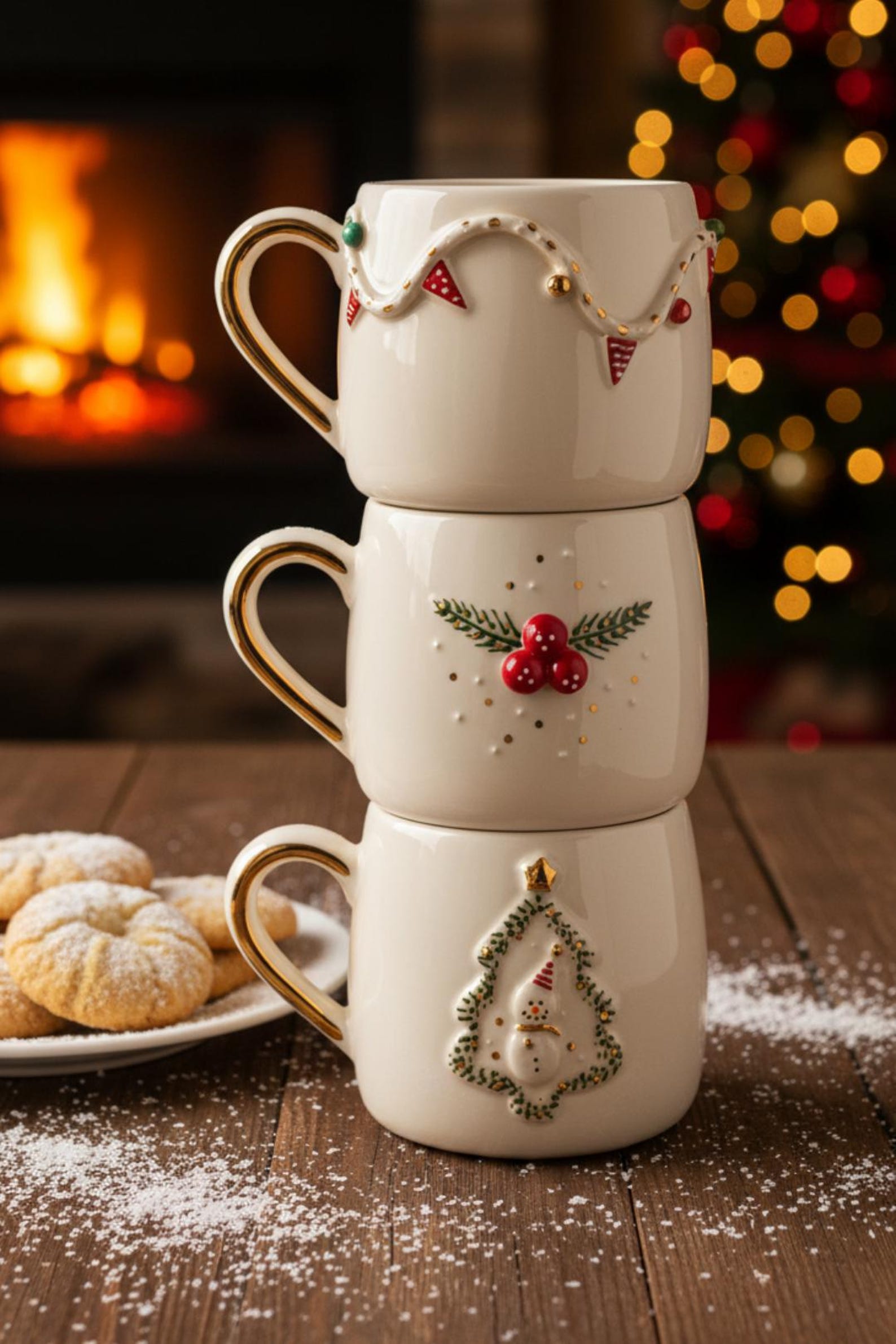 Handmade Christmas Mug Set – 3D Ceramic Holiday Mugs With Gold Handles ...