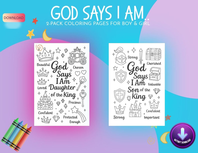 Printable Christian Kids Coloring Pages - God Says I Am, (2 Pack) - Etsy