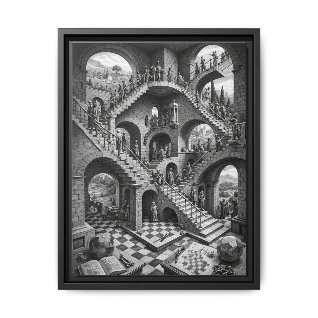 MC Escher Inspired, Framed Surrealism, Matte Stretched Canvas Wall Art ...
