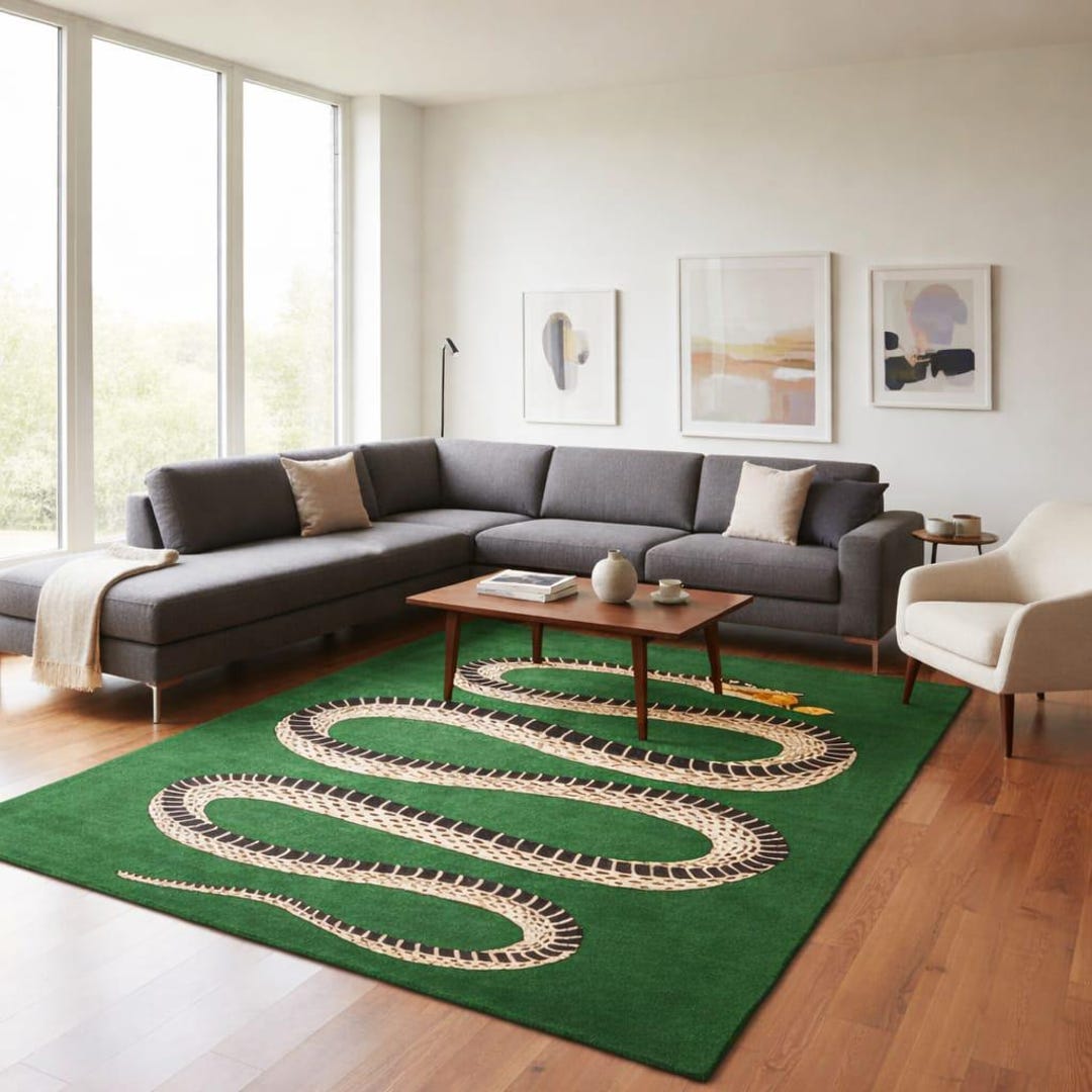 Green Snake Rug, Unique Animal Print Area Rug, Modern Statement Carpet ...