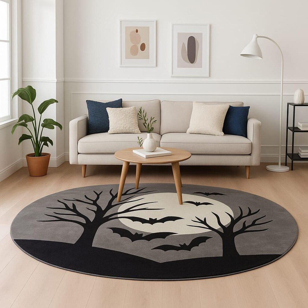 Hand-tufted Wool Round Rug | Moon and Bats, Halloween Decorhand-tufted ...
