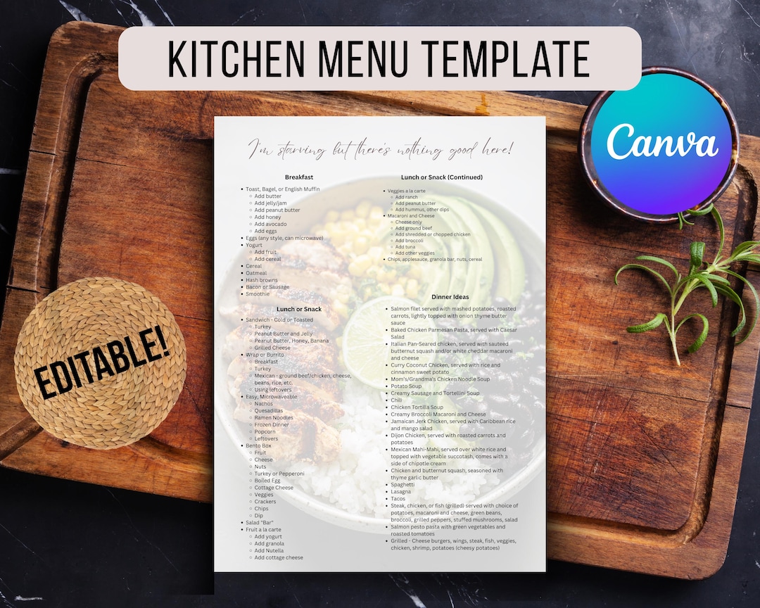 Home Kitchen Menu & Meal Ideas Template - Editable in Canva - Print or ...