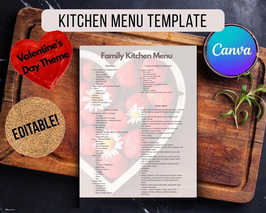 Home Kitchen Menu & Meal Ideas Template - Valentine's Theme - Print or ...