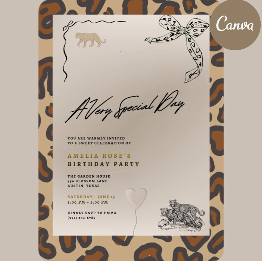 Editable Birthday Invitation | Leopard Safari Birthday Invite | Neutral ...