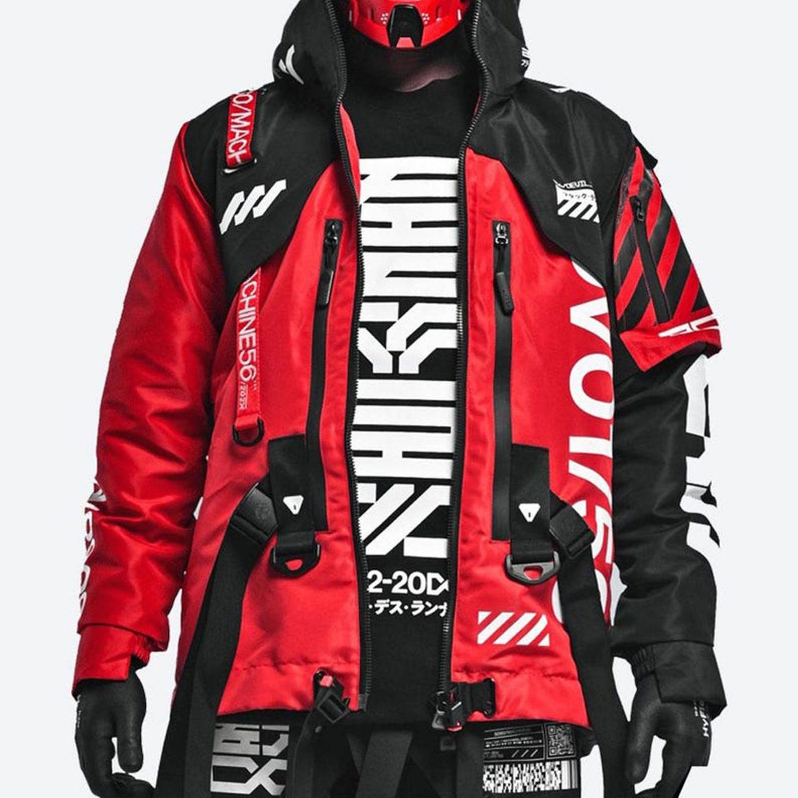 Cyberpunk Red Tactical Techwear Jacket Futuristic Streetwear Outerwear ...