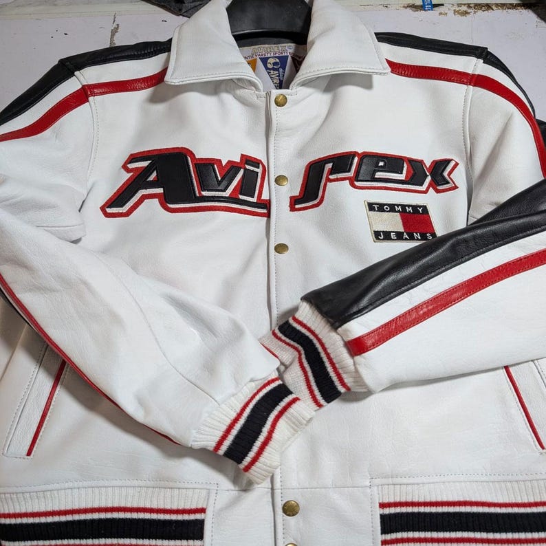 White Avirex Style Leather Bomber Retro Streetwear Coat Vintage ...