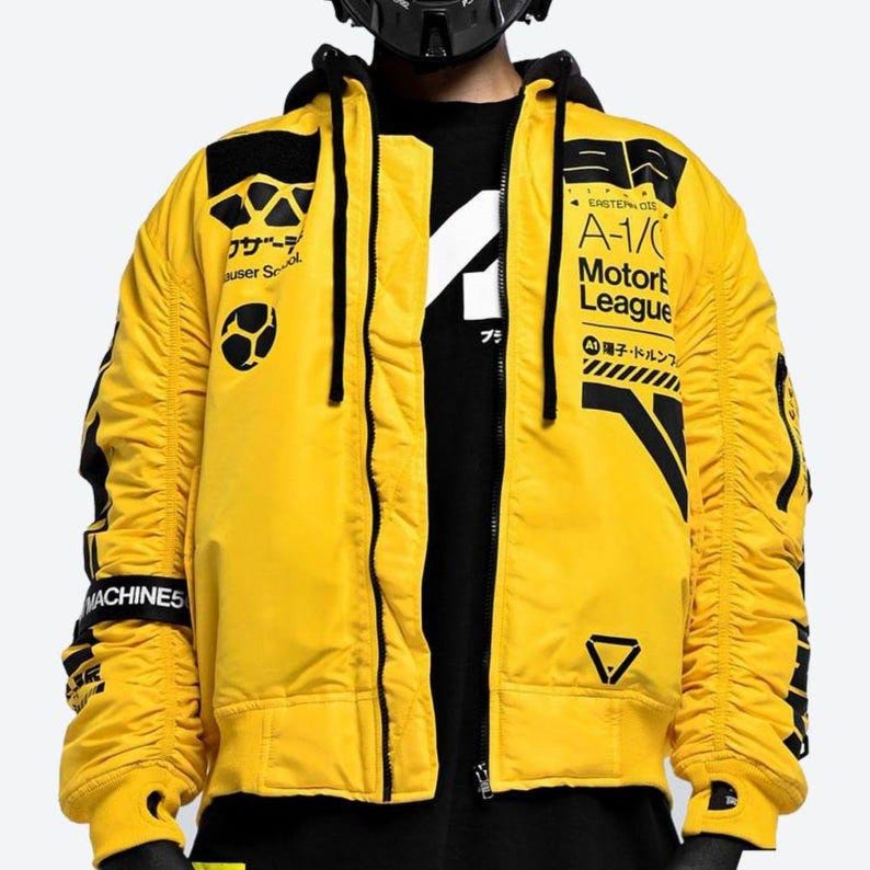 Cyberpunk Yellow Techwear Bomber Jacket – Black Tactical Outerwear With ...