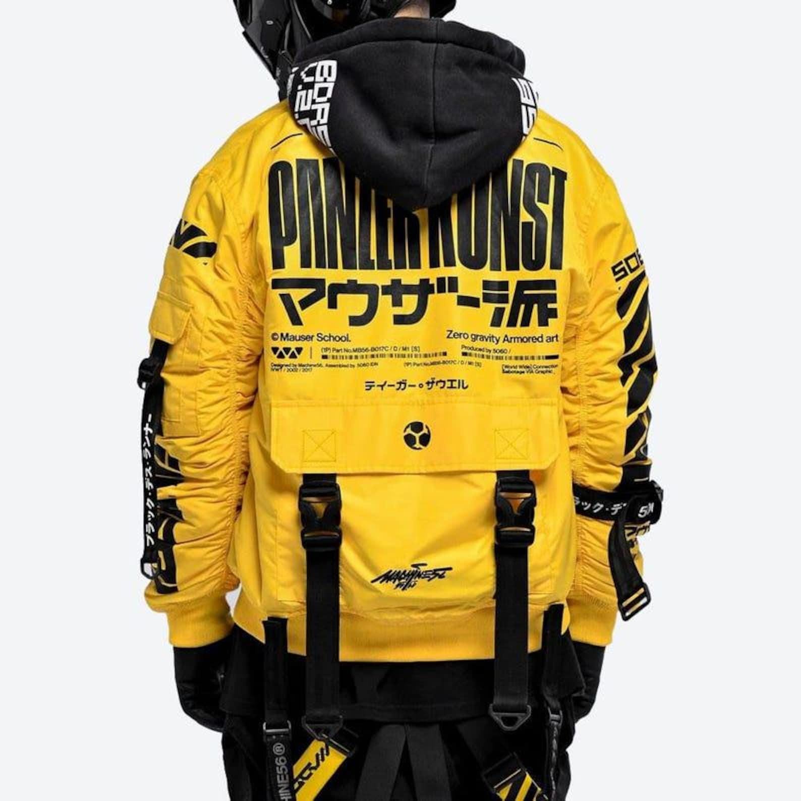 Cyberpunk Yellow Techwear Bomber Jacket – Black Tactical Outerwear With ...