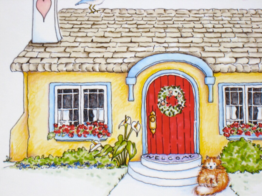 Home Quote Print - House Illustration - Housewarming Gift - Cottage Art ...
