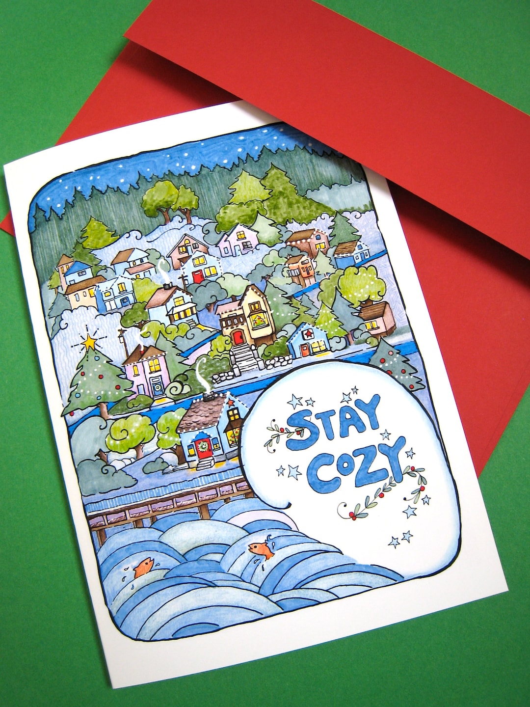 Coastal Christmas Card, Ocean Town Scene, Seaside Holiday Card, Stay ...