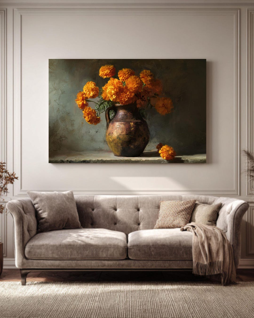 Marigolds Still Life Canvas – Muted Floral Oil Painting, Framed Option ...