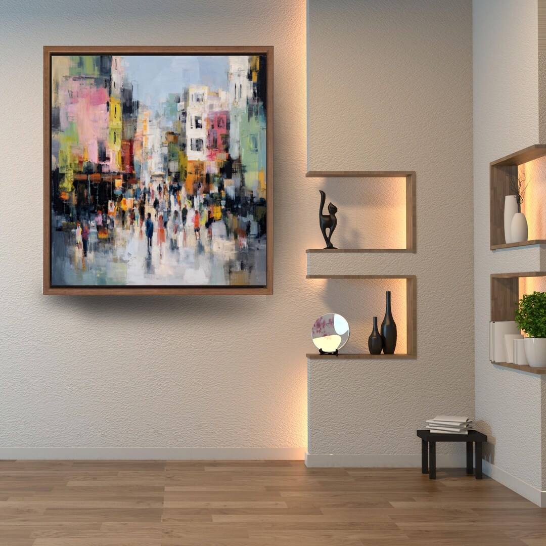 Urban Street Scene Canvas – Abstract Expressionist City Life Painting ...
