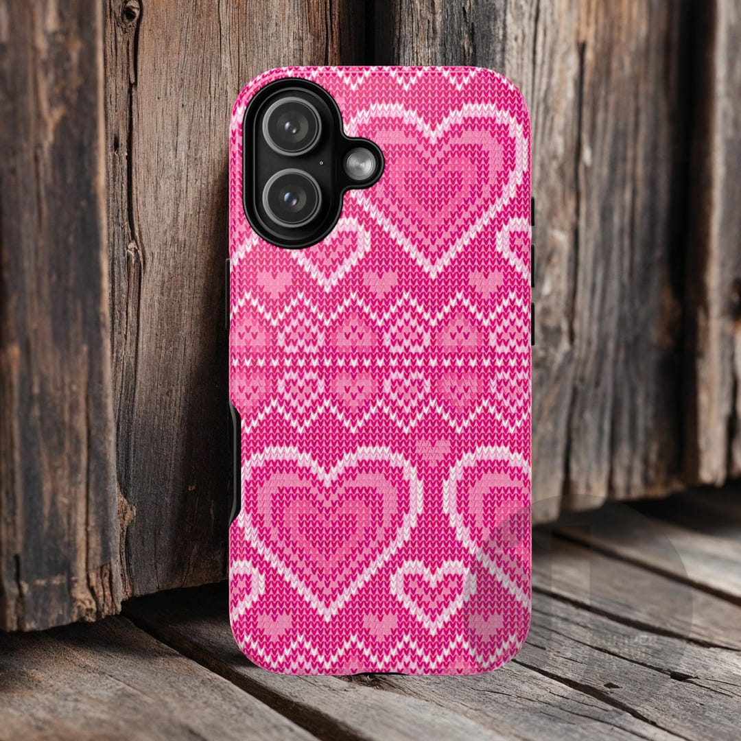 Magenta Fair Isle Heart Phone Case | Bold Pink Knit Aesthetic Cover ...