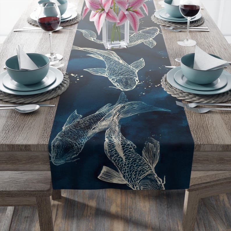 Japanese Koi Fish Table Runner, Navy Blue Indigo Watercolor Dining ...