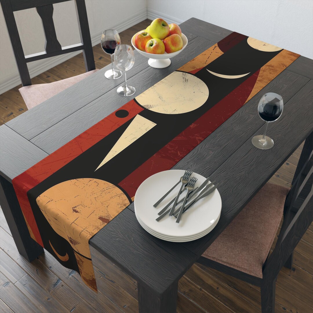 Mid Century Geometric Table Runner, Abstract Moon and Sun Dining Decor ...