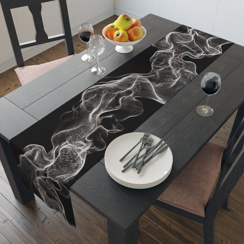 Abstract Topographic Table Runner, Modern White Smoke Line Dining Scarf ...