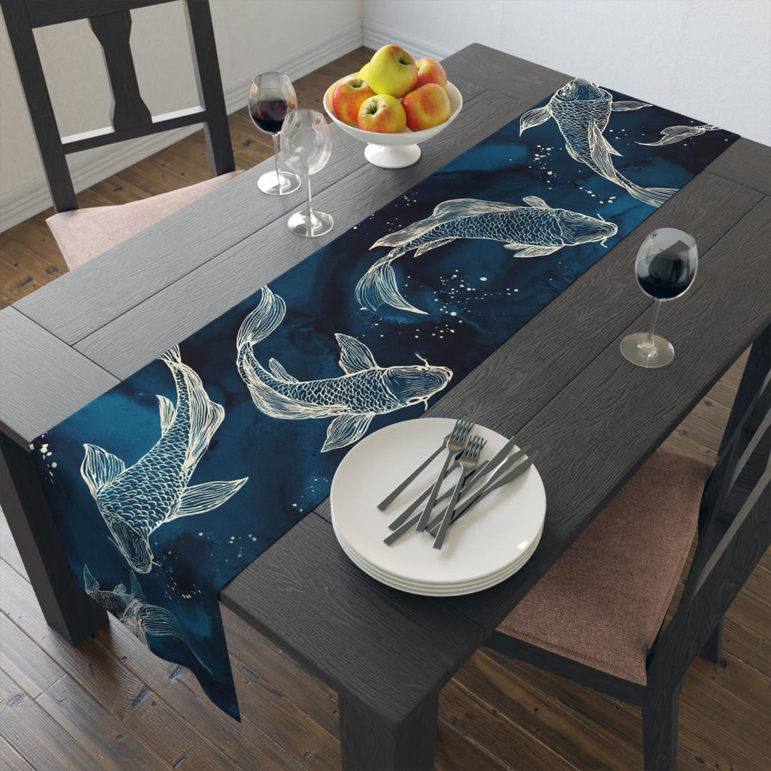 Japanese Koi Fish Table Runner, Navy Blue Indigo Watercolor Dining ...