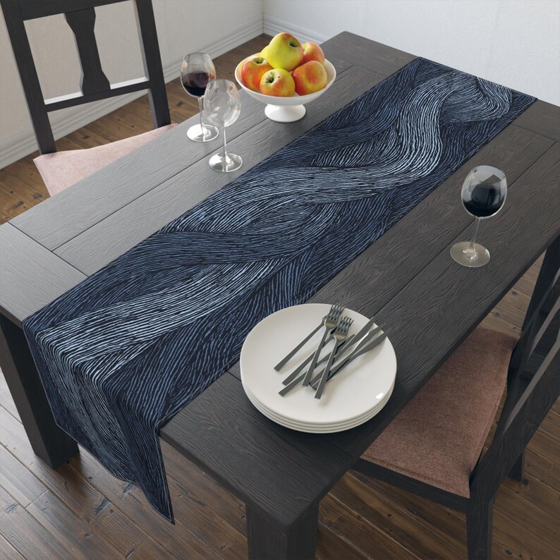 Deep Indigo Wave Pattern Table Runner | Blue Nautical Texture ...