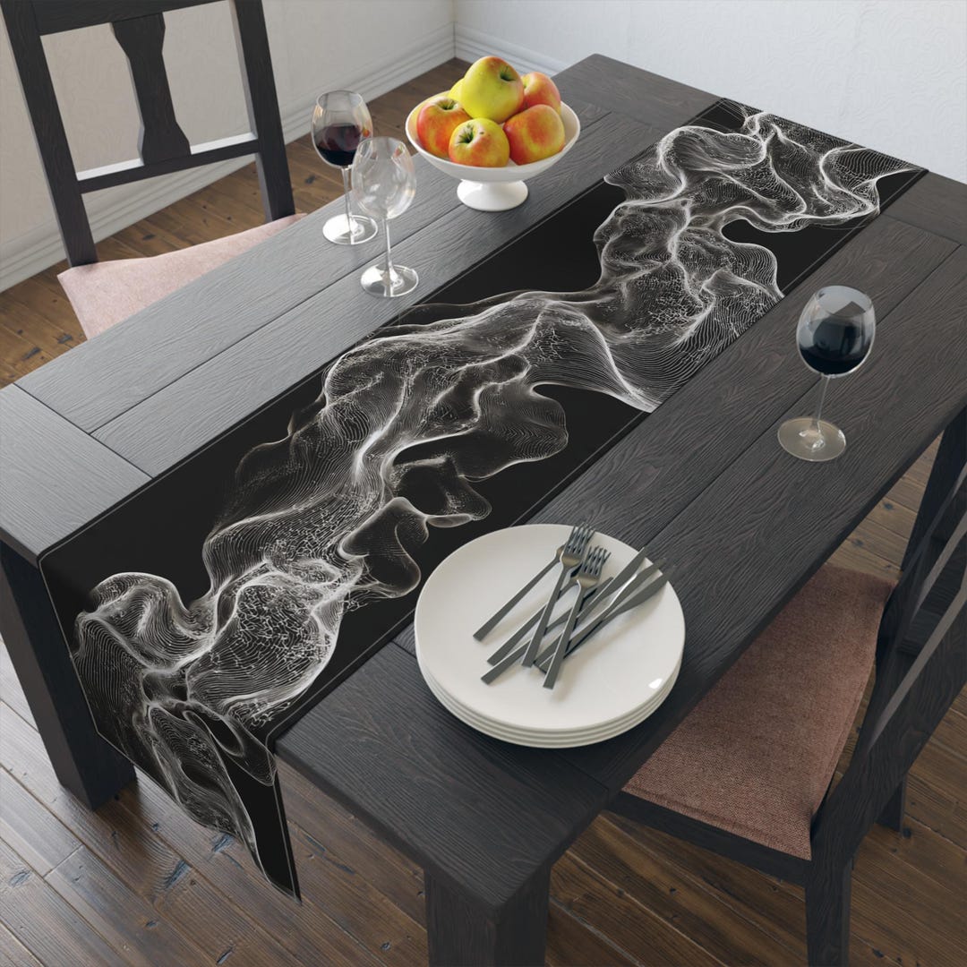 Abstract Topographic Table Runner, Modern White Smoke Line Dining Scarf ...