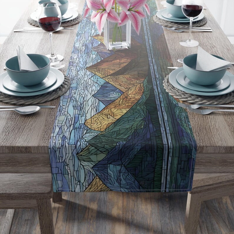 Bright Mountain Table Runner, Abstract Alpine Ridge Dining Centerpiece ...