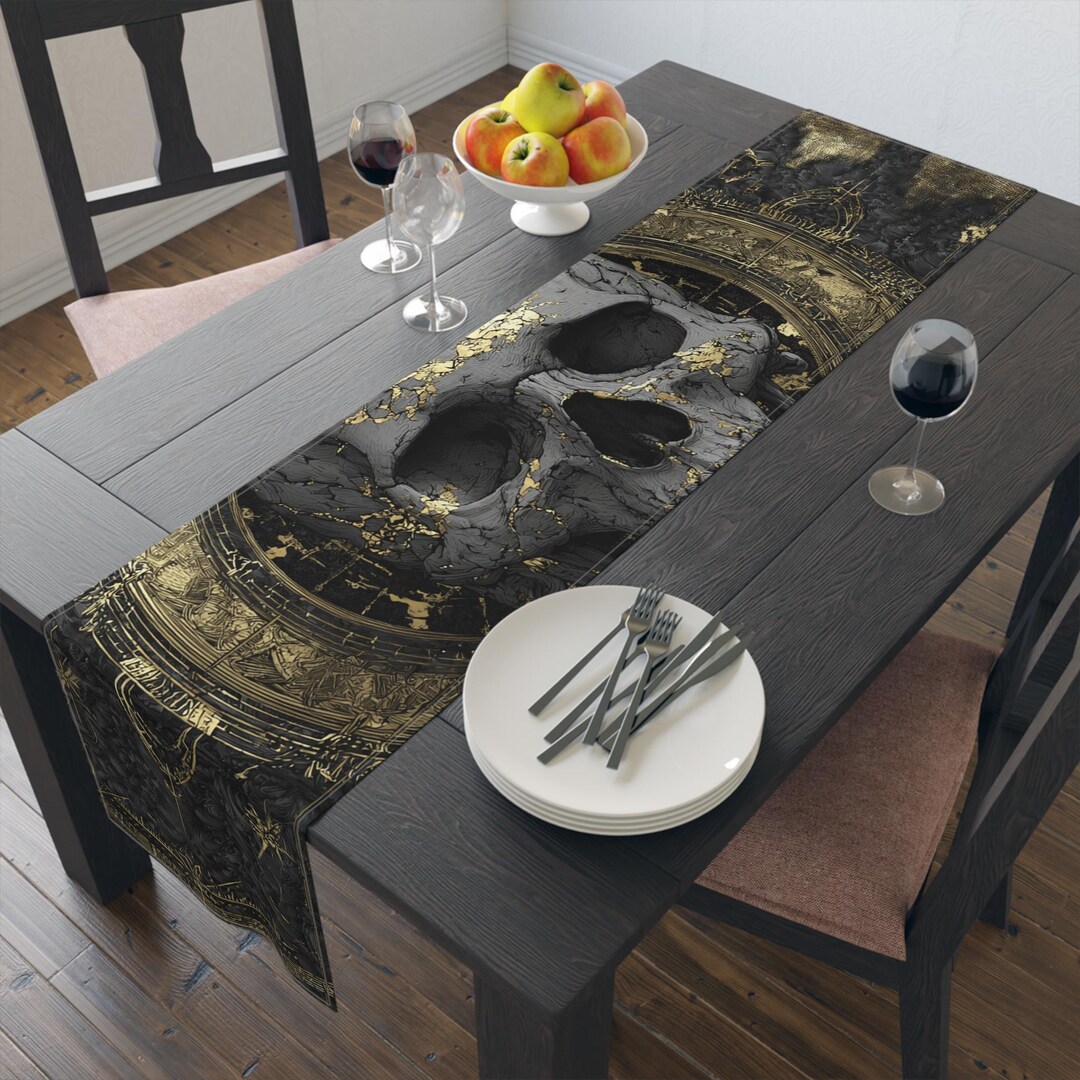 Gold Leaf Skull Art Table Runner, Dark Gothic Memento Mori Tabletop ...