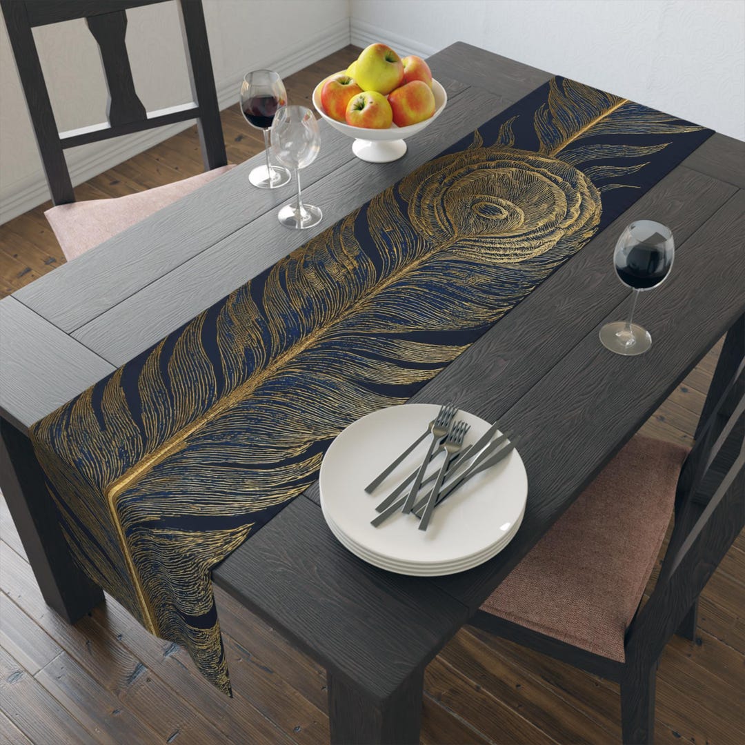 Gold Peacock Feather Table Runner, Opulent Midnight Blue and Brass Art ...