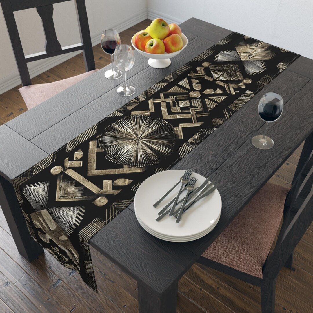 Bronze Geometric Relief Table Runner, 3D Industrial Metal Dining Scarf ...