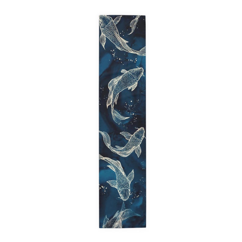 Japanese Koi Fish Table Runner, Navy Blue Indigo Watercolor Dining ...